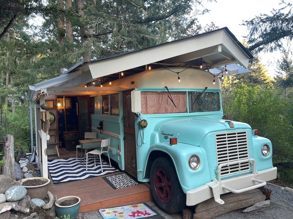 1969 School Bus Turned Into a Tiny House B&B With Salvaged Materials