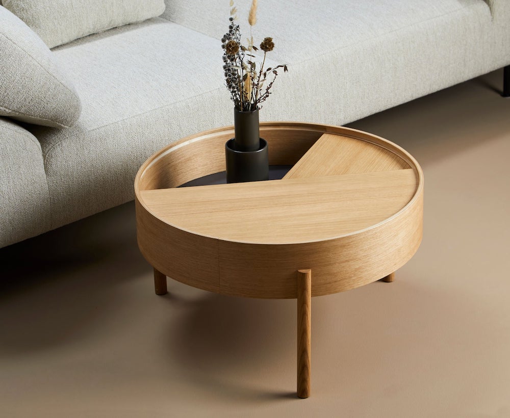 Woud Arc Table Keeps Clutter at Bay Under Its Rotating Tabletop